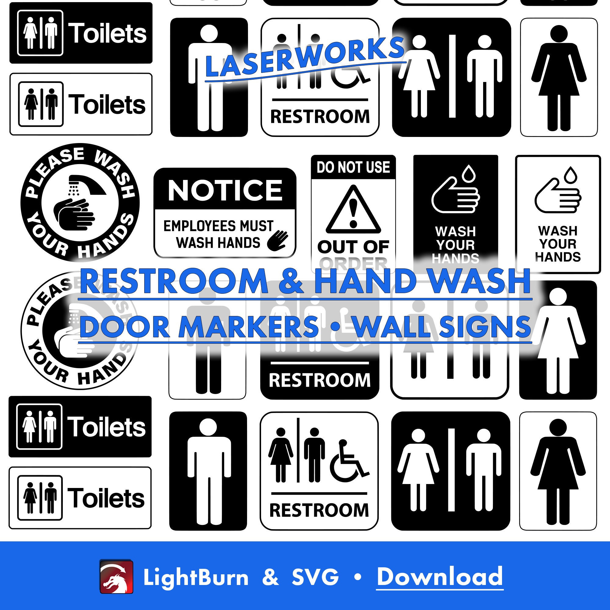 Restroom Wash Hands Marker Signs, Lightburn Art Library Digital File ...