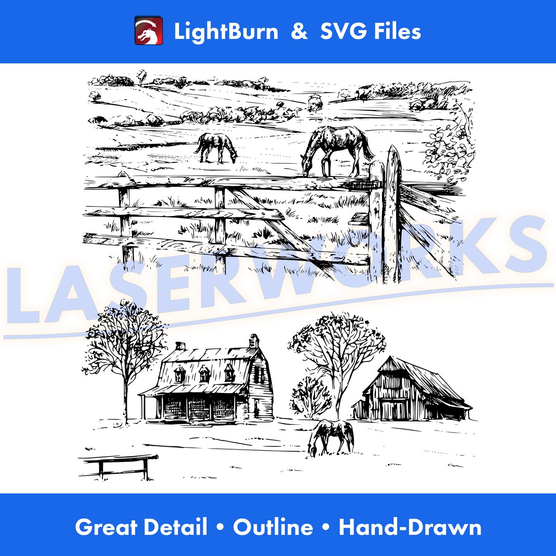 Farm and Pasture Scenes: Hand-drawn | Lightburn Art Library & SVG Files ...