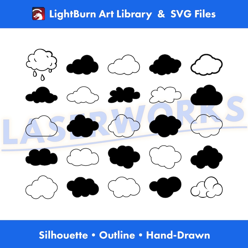 150 Cloud Designs, Outline, Silhouette Lightburn Art Library Digital ...
