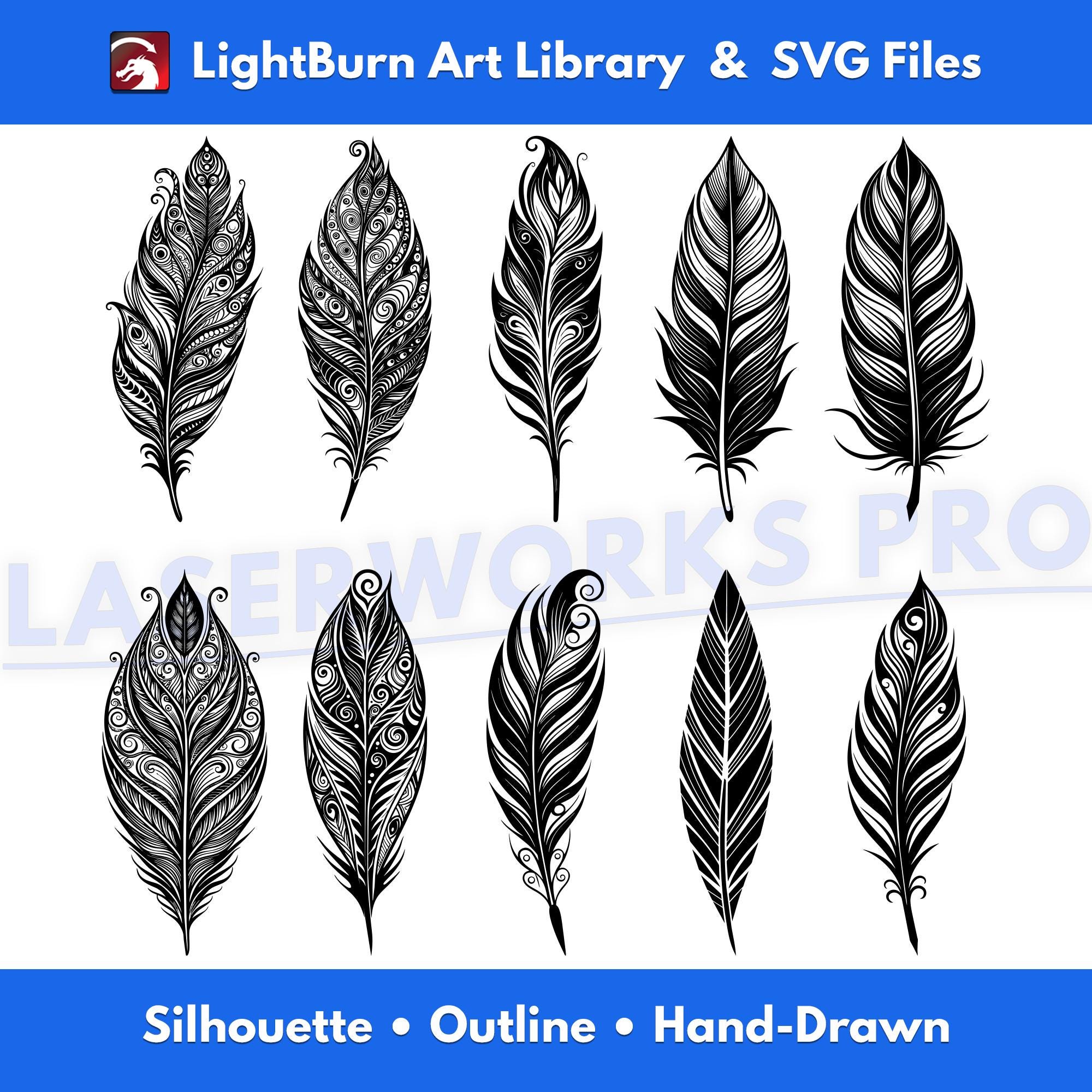 Feather Outline Designs | Lightburn Art Library & SVG Files (digital ...