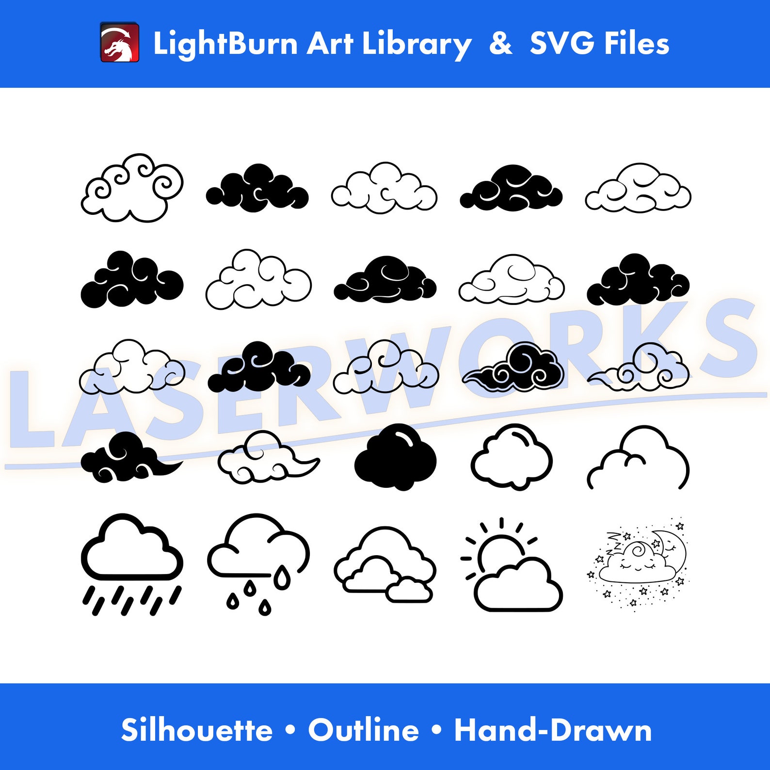 150 Cloud Designs, Outline, Silhouette Lightburn Art Library Digital ...