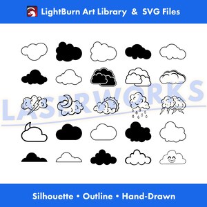 150 Cloud Designs, Outline, Silhouette Lightburn Art Library Digital ...