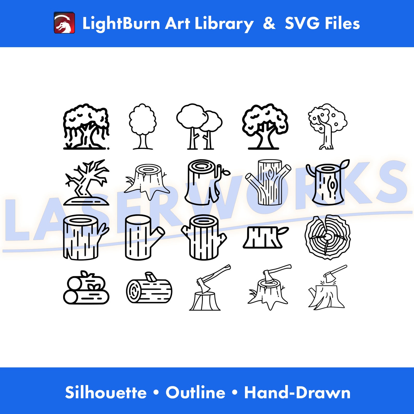 100 Tree Designs: Hand-drawn Outlines and Silhouettes | Lightburn Art ...