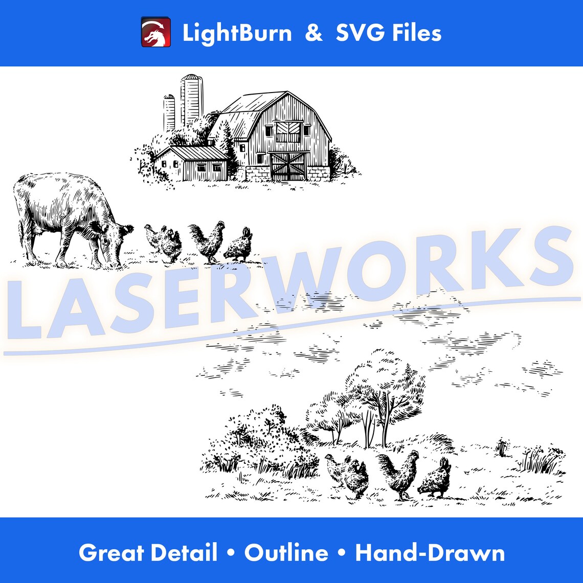 Farm and Pasture Scenes: Hand-drawn | Lightburn Art Library & SVG Files ...