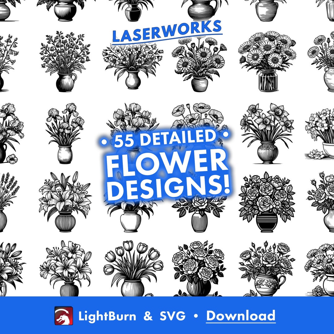 Flowers in Vase Designs, Hand Drawn, Lightburn Art Library & SVG Files ...