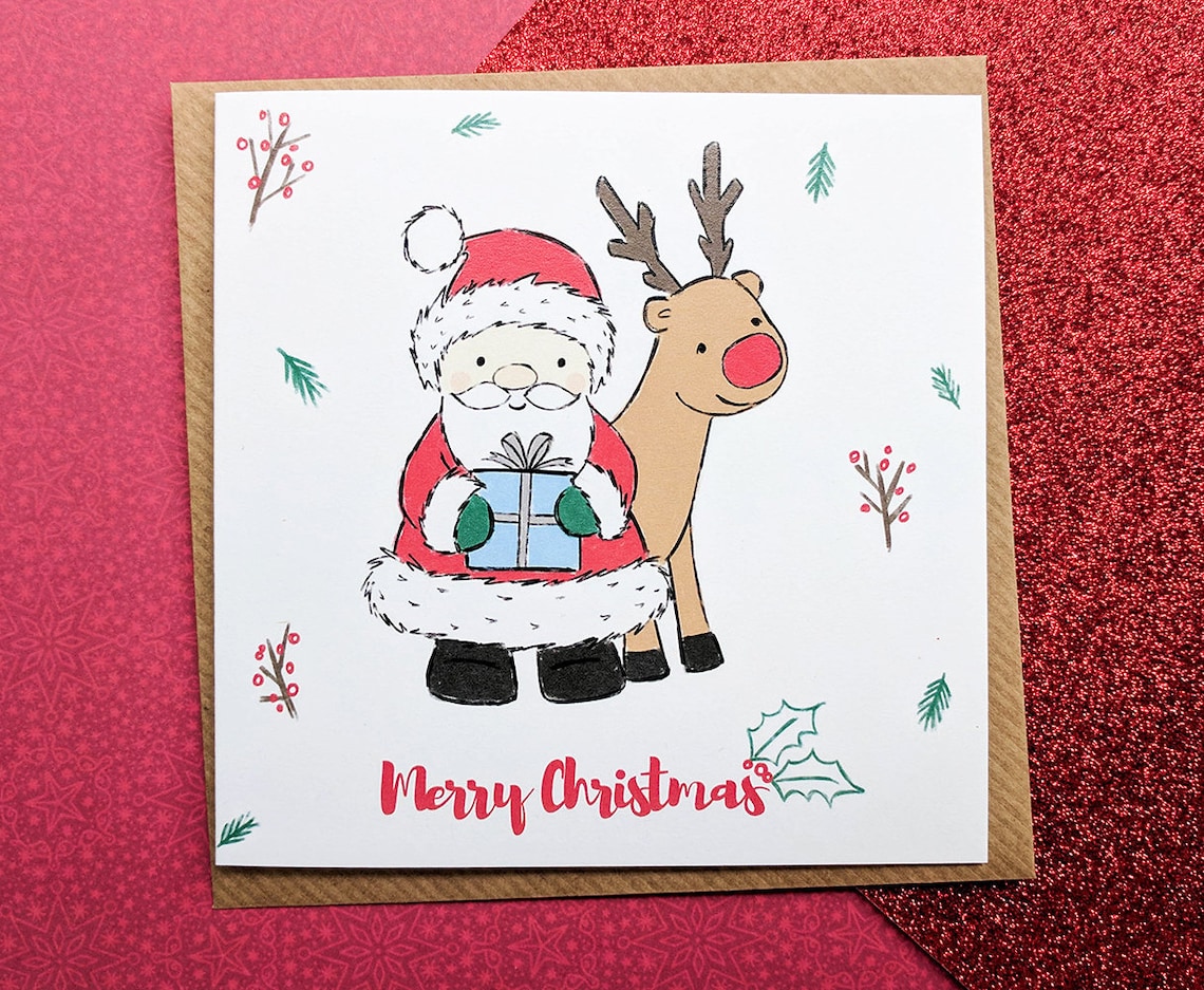 Rudolph & Santa Christmas Card Hand Drawn Handmade Christmas - Etsy UK