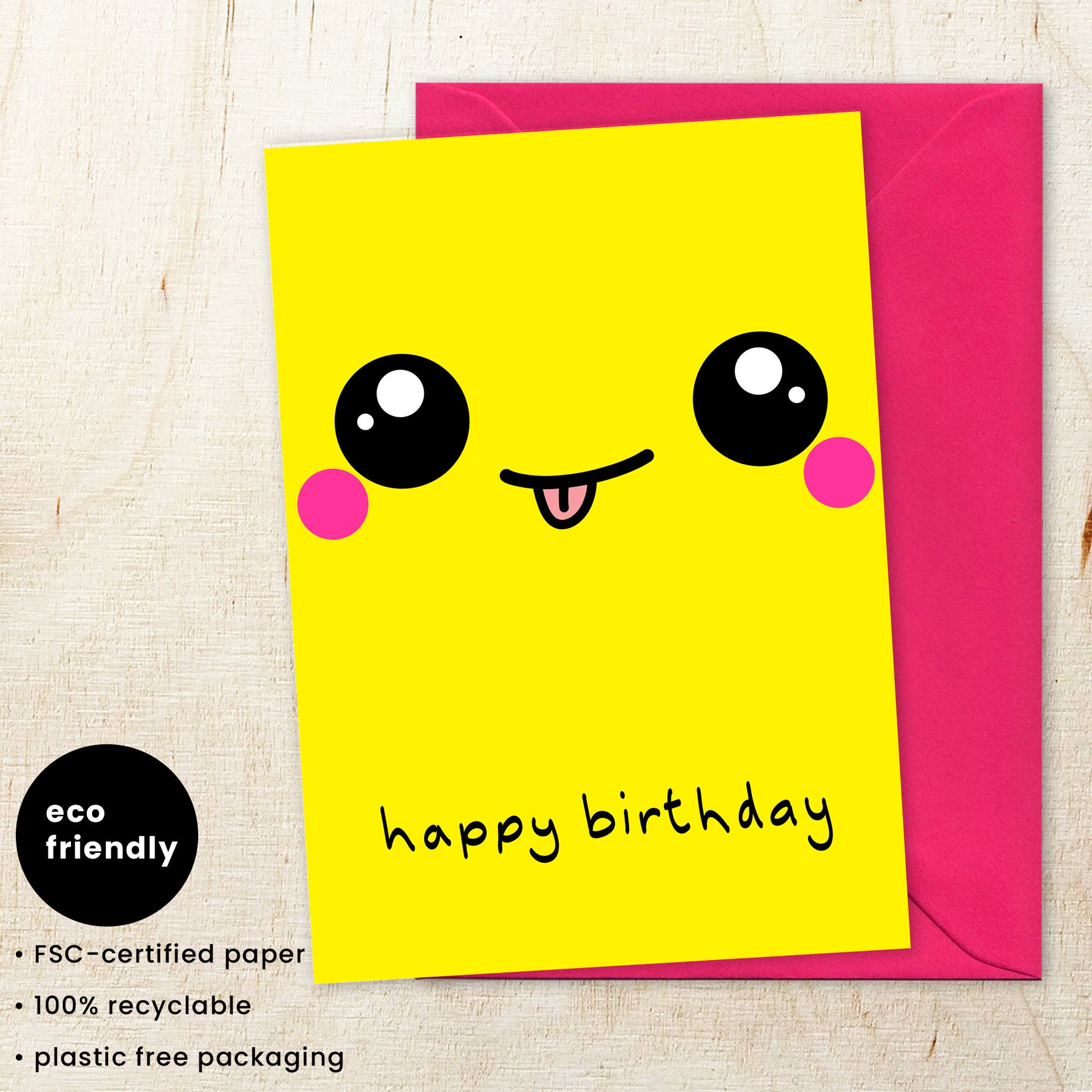 Birthday Card Kawaii Smile Face Cute Fun Cheeky Yellow - Etsy