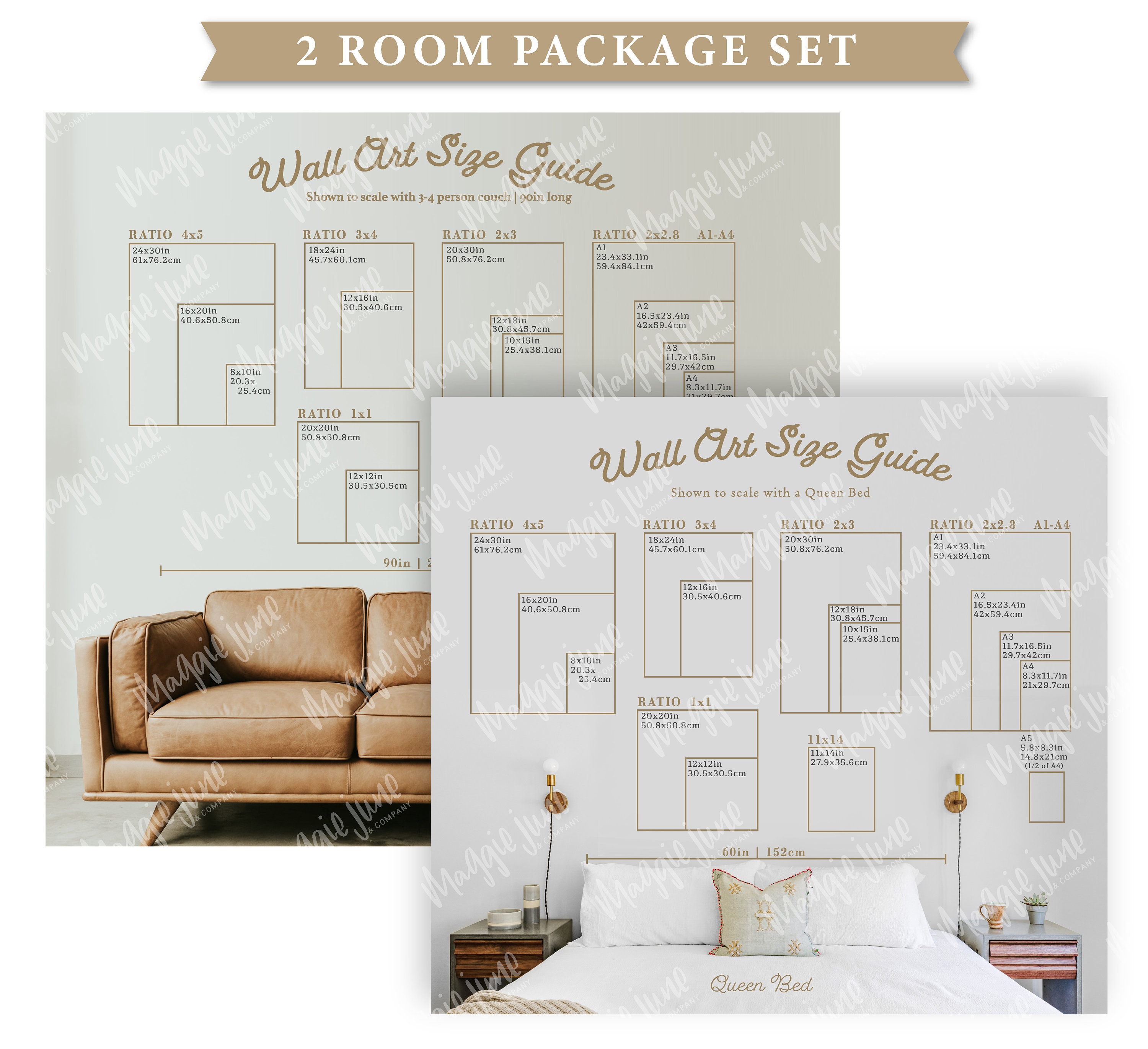 Living Room, Bedroom Wall Art & Print Size Guide Template PACKAGE, 2 ...