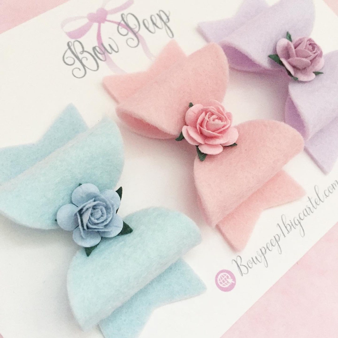 Set of Pastel Bows, Felt Bows, Hair Clips, Bows on Elastic, Lilac Bow ...