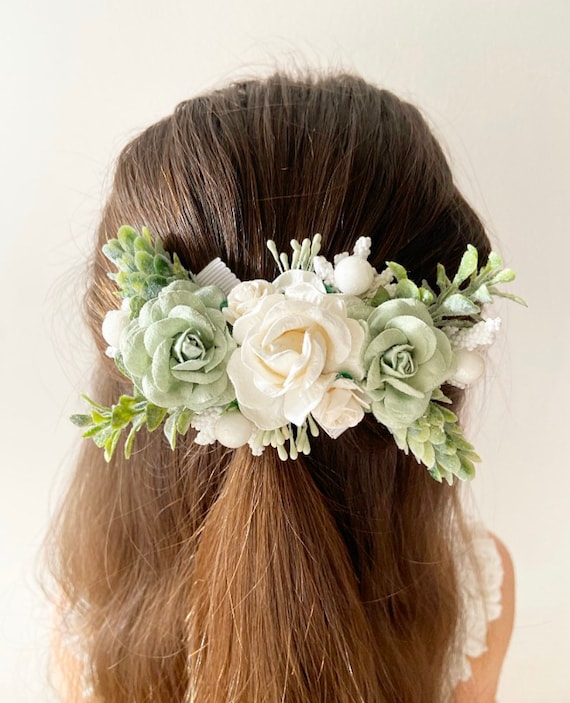Flower Girl Hair Piece Sage Green Hair Clip Ivory Flower Hair Clip White Flower Hair Clip Bridesmaid Hair Clip Flower Clip Bridesmaid Etsy