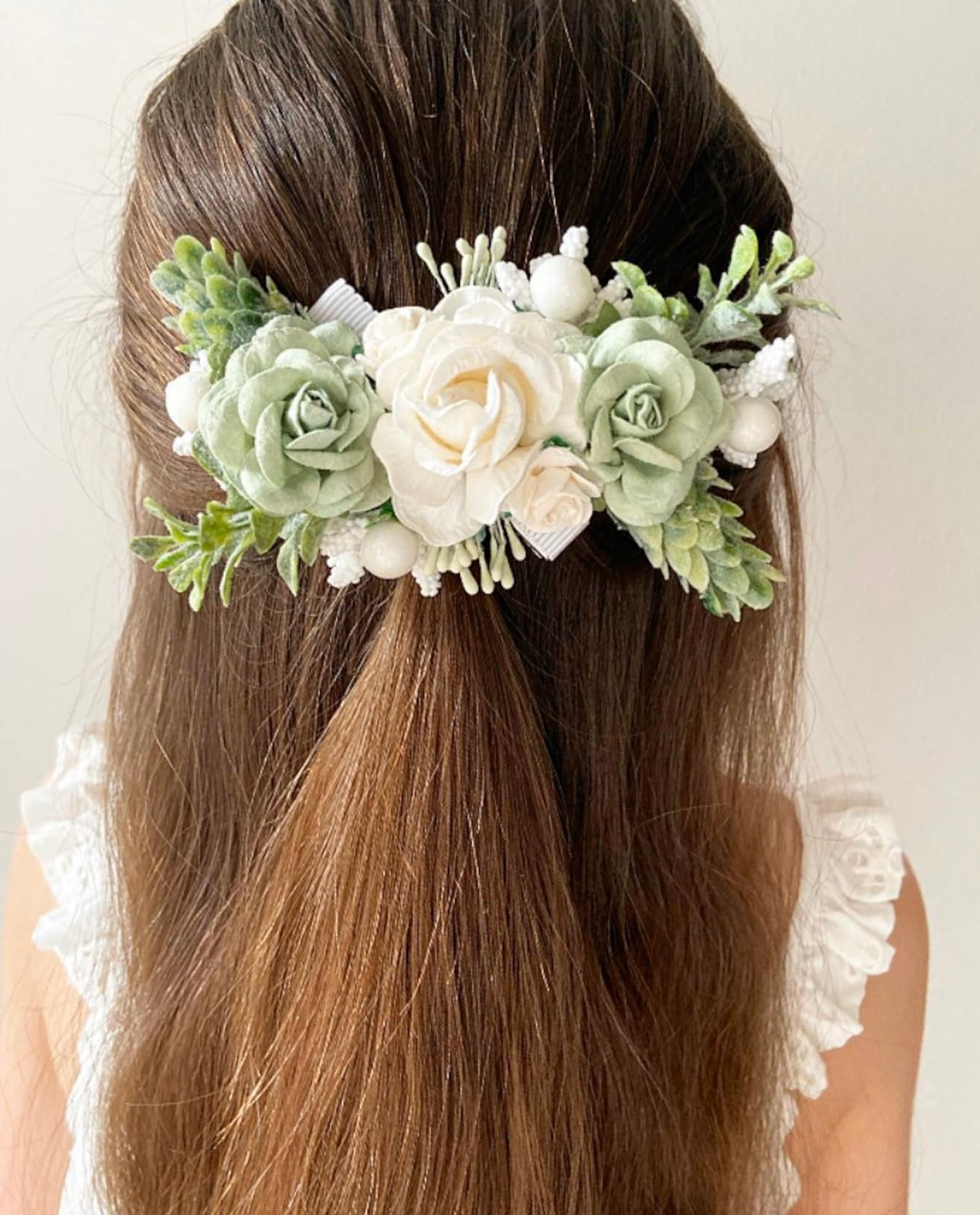 Flower Girl Hair Piece Sage Green Hair Clip Ivory Flower - Etsy