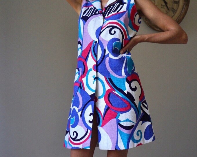 60s Mod Psychedelic Print Terry Cloth Flare Dress / Vintage Retro ...