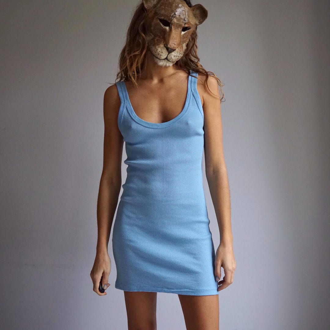 90s Pastel Blue XL Ribbed Cotton Tank Top / Unisexe Oversize Extra Long ...