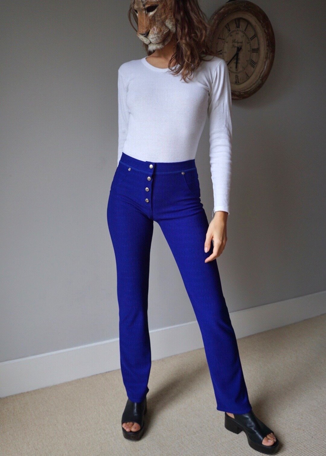 90s Royal Blue Ribbed Mid Rise Leggings / Vintage Deadstock Straight ...