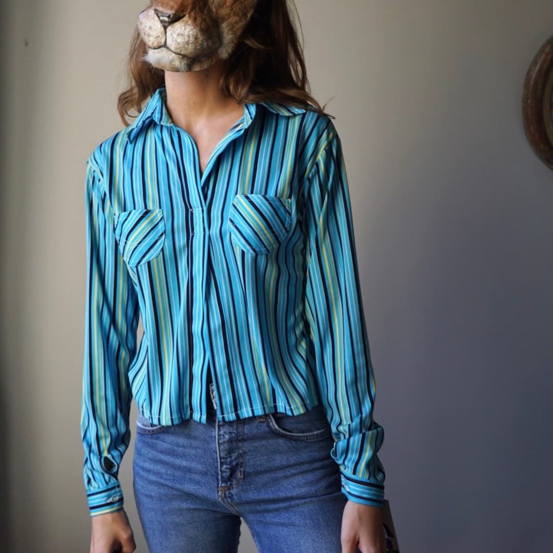90s Blue Striped Blouse Y2K / Vintage Deep Blue Polyester Blouse Shirt ...