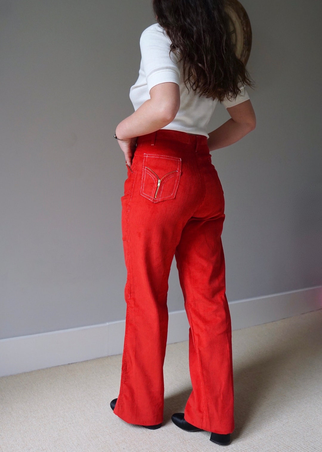 70s Red Corduroy Pants W33 / Vintage High Waist Pure Seventies Straight ...