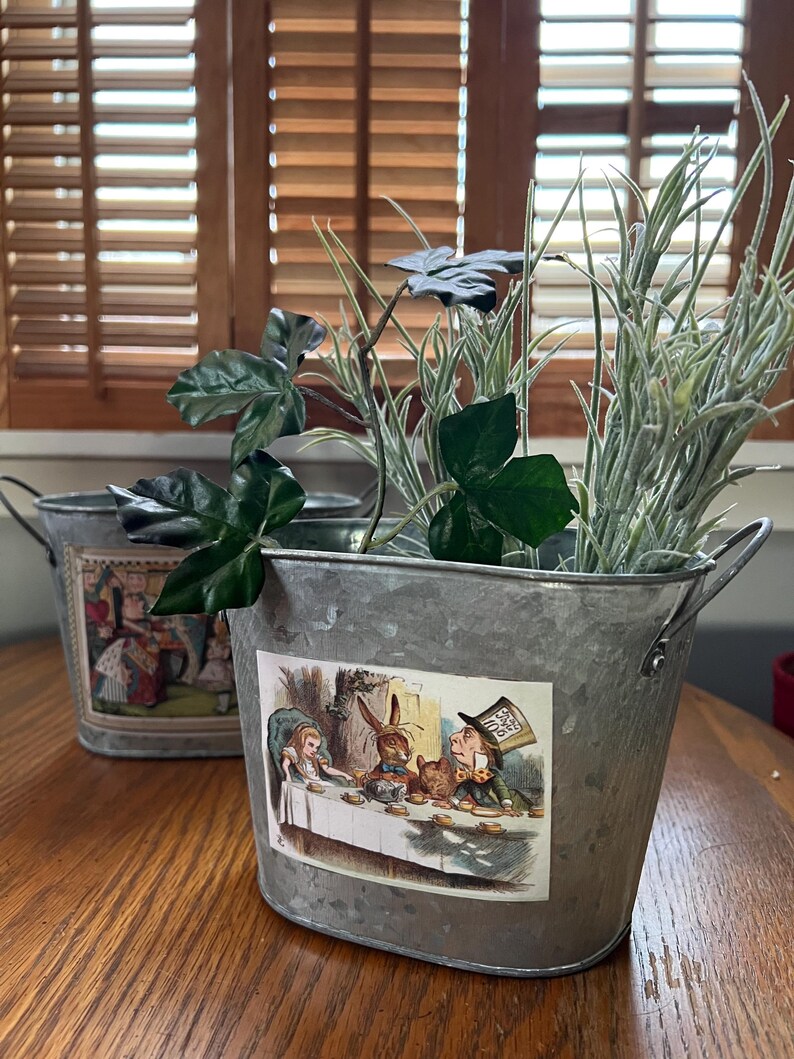 Galvanized Bucket, Alice in Wonderland Themed Tabletop Organizer ...