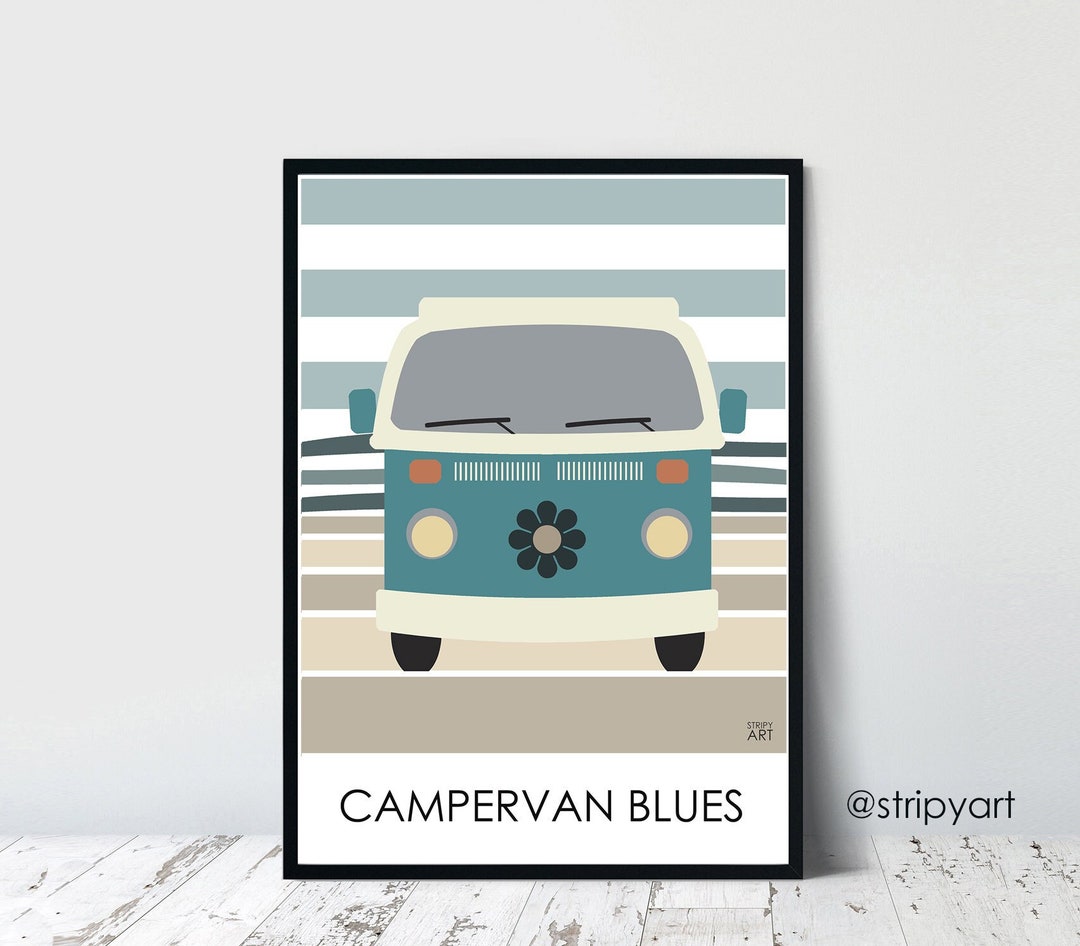 BLUE CAMPER, Campervan Blues. Travel Print. High Quality Stripy Print ...