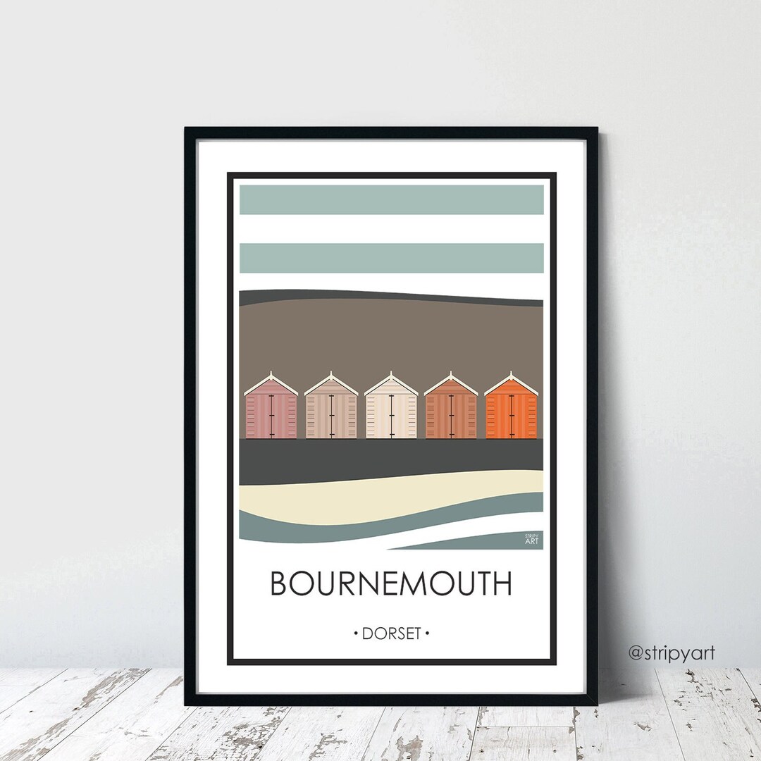 BOURNEMOUTH PINKS, DORSET. Beach Huts. Graphic Travel Poster. High ...