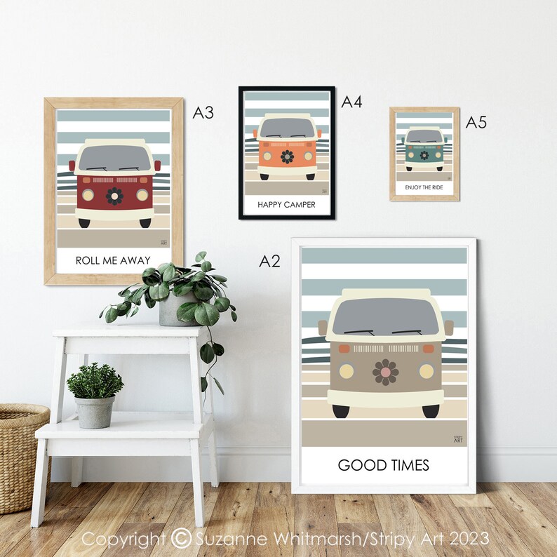 GREEN CAMPERVAN, Enjoy the Ride. Travel Print. High Quality Stripy ...