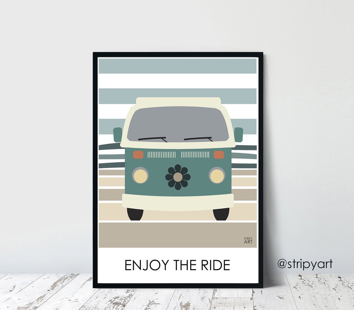 GREEN CAMPERVAN, Enjoy the Ride. Travel Print. High Quality Stripy ...