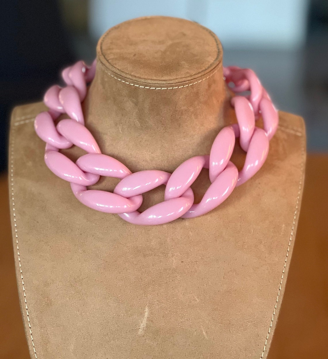 Oversize Link Chain Necklace, Chunky Pink Necklace, Pink Resin Necklace ...