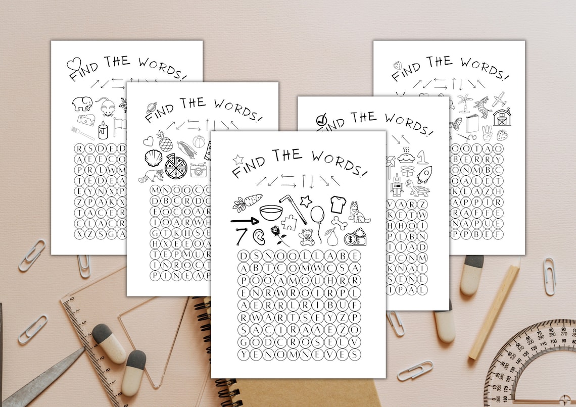 5 Cute Printable Word Search Game Pages Worksheets for Toddlers Kids ...