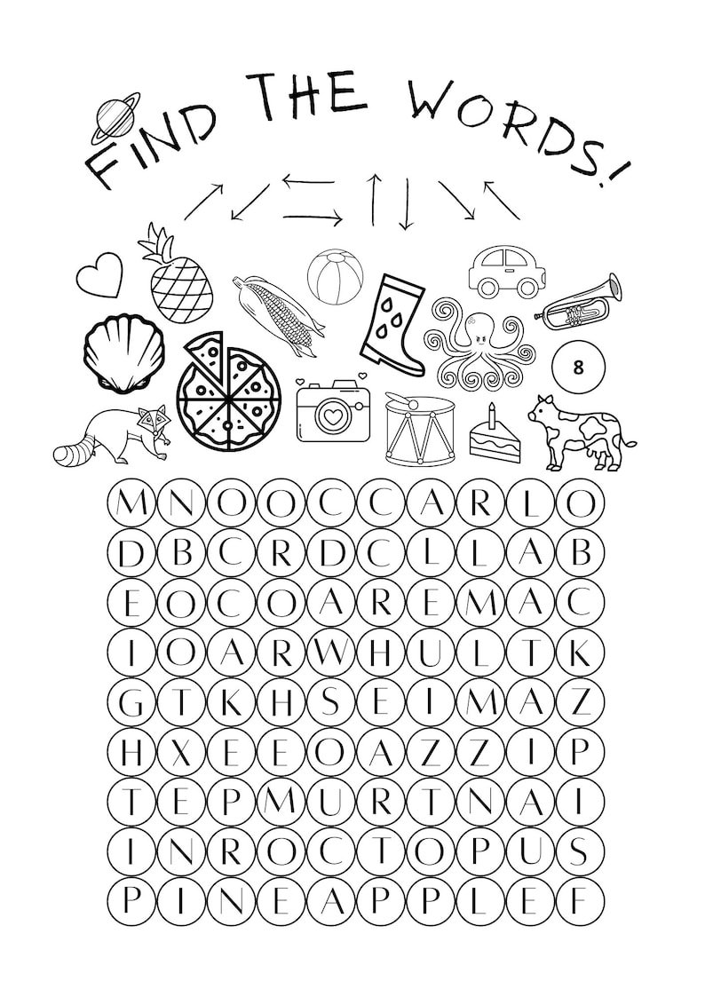 5 Cute Printable Word Search Game Pages Worksheets for Toddlers Kids ...