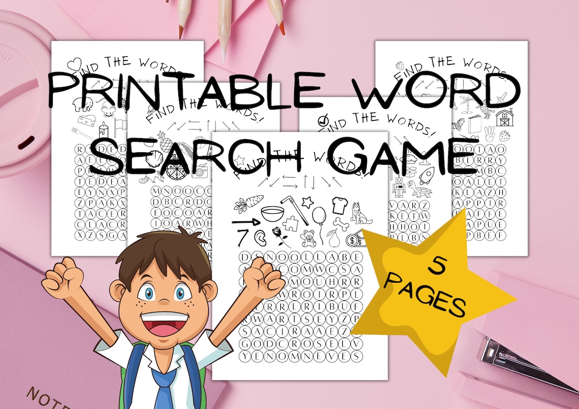 5 Cute Printable Word Search Game Pages Worksheets for Toddlers Kids ...