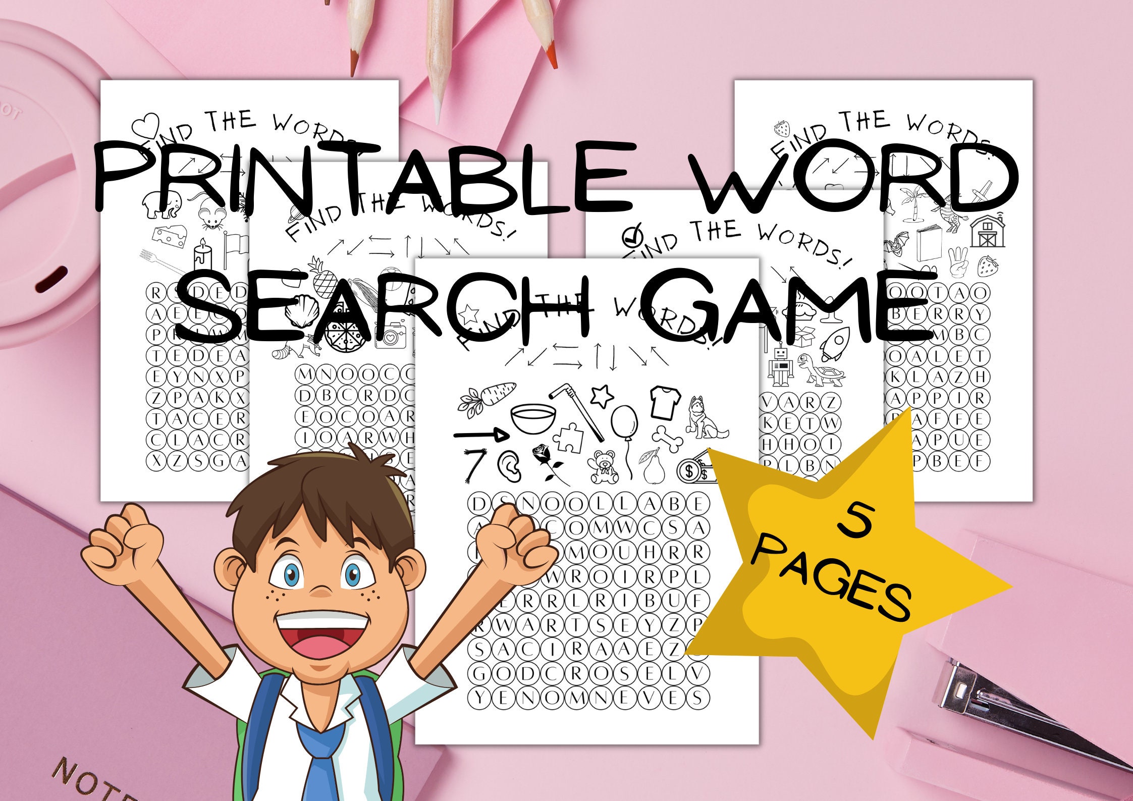 5 Cute Printable Word Search Game Pages Worksheets for Toddlers Kids ...