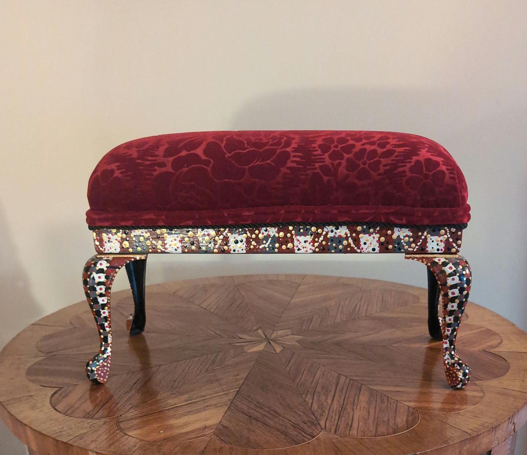Hand Painted Vintage Footstool,carved Red Velvet Upholstery, Metal Legs ...