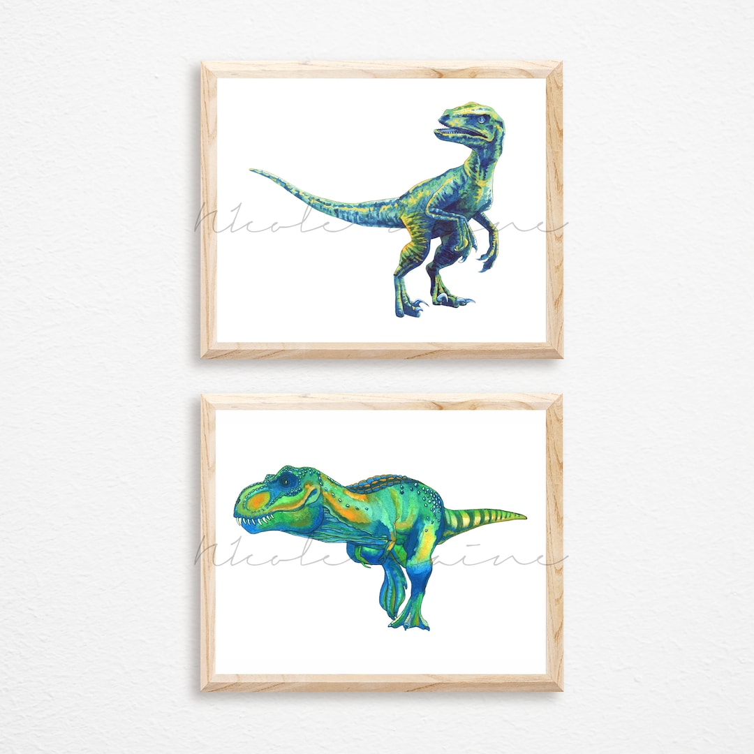 Dinosaur Watercolor Art Print Set, T-rex and Raptor, Kids Room Decor - Etsy