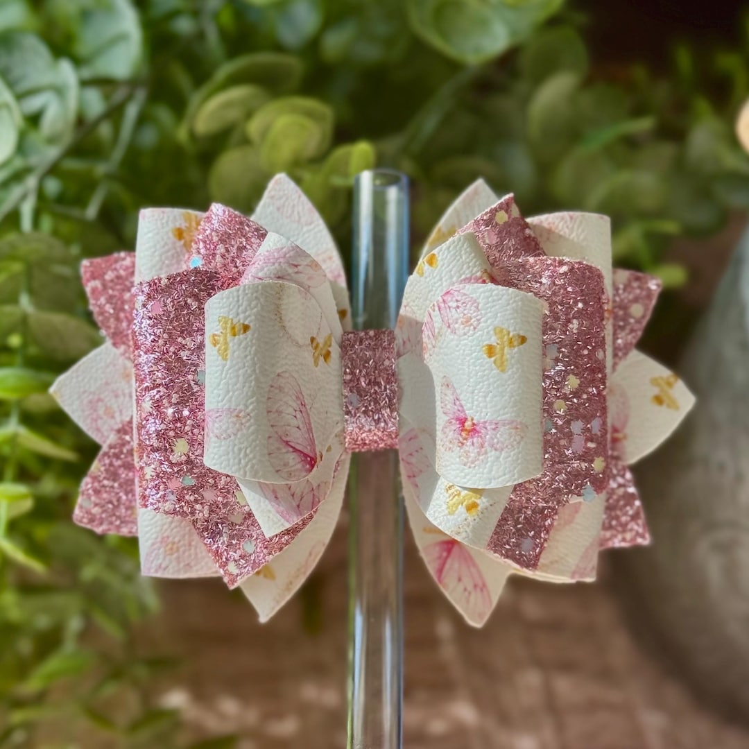 Pink Butterfly Tumbler Bow Stanley Pink Bows Glitter Bows Girly Bow ...