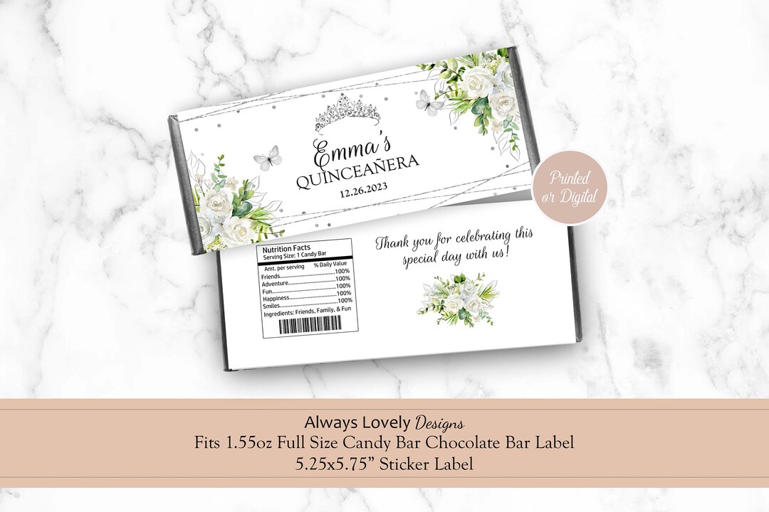 Quinceanera White Floral Full Size Candy Bar Label, Quinceanera ...