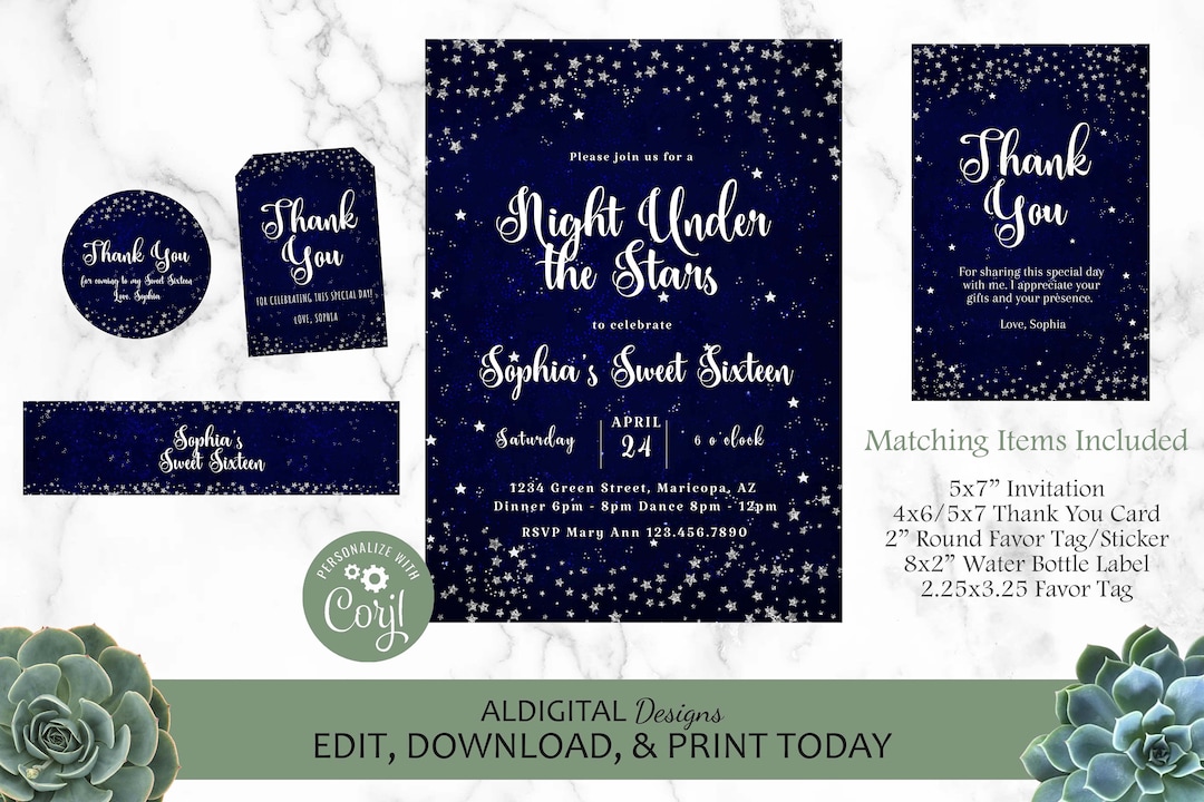 Starry Night Invitation, Under the Stars Invitation, Sweet Sixteen ...
