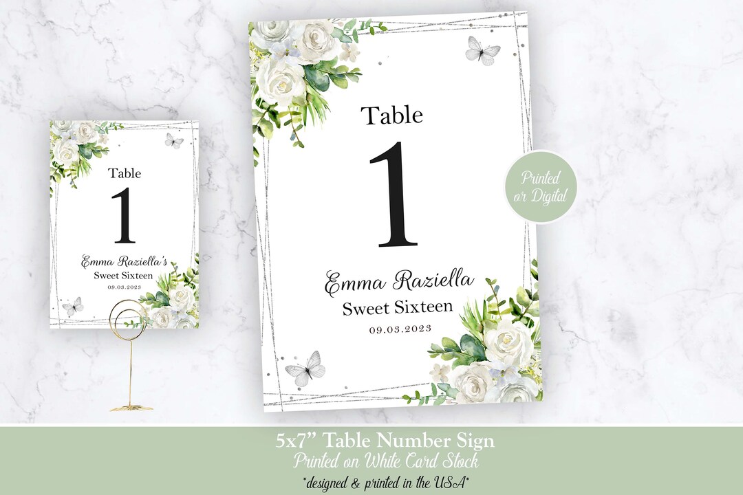 Table Numbers, White Floral Table Numbers, Quinceanera White Silver ...