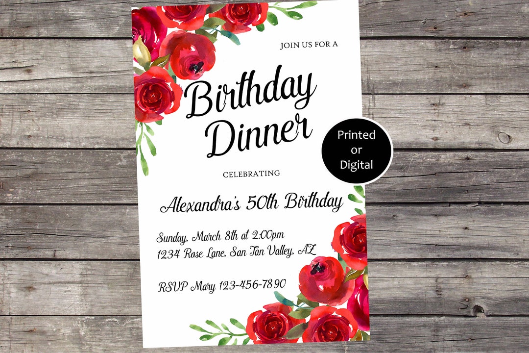 Birthday Dinner Invitation, Birthday Dinner Party, Red Roses Birthday ...