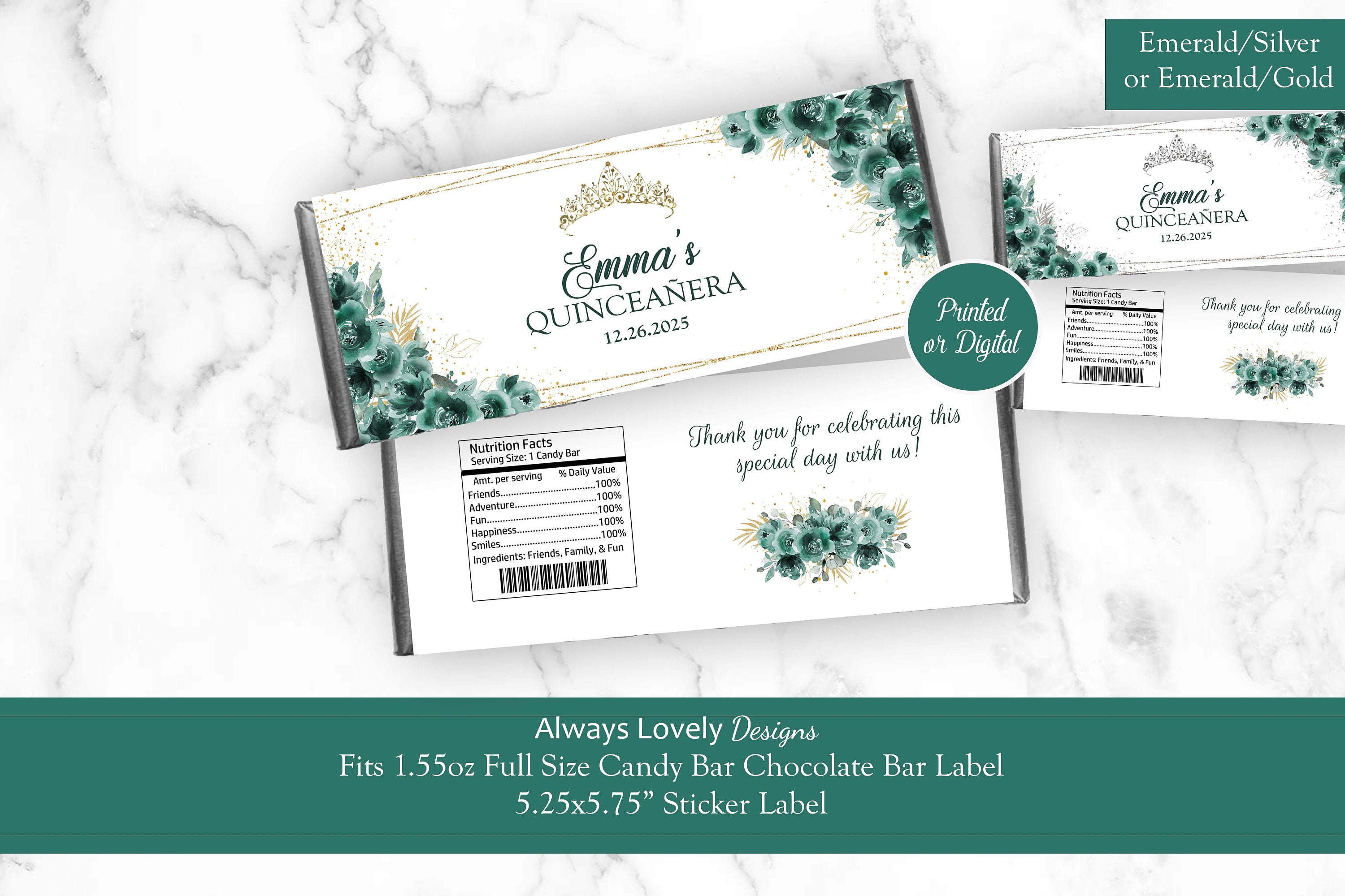 Quinceanera Emerald Green Floral Full Size Candy Bar Label, Sweet ...