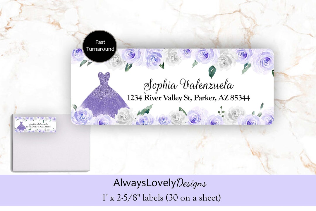 Quinceanera Return Address Labels, Quincenaera Purple Dress Return Address Labels, Sweet Sixteen ...