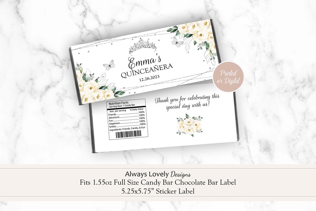 Quinceanera White Floral Full Size Candy Bar Label, Quinceanera ...