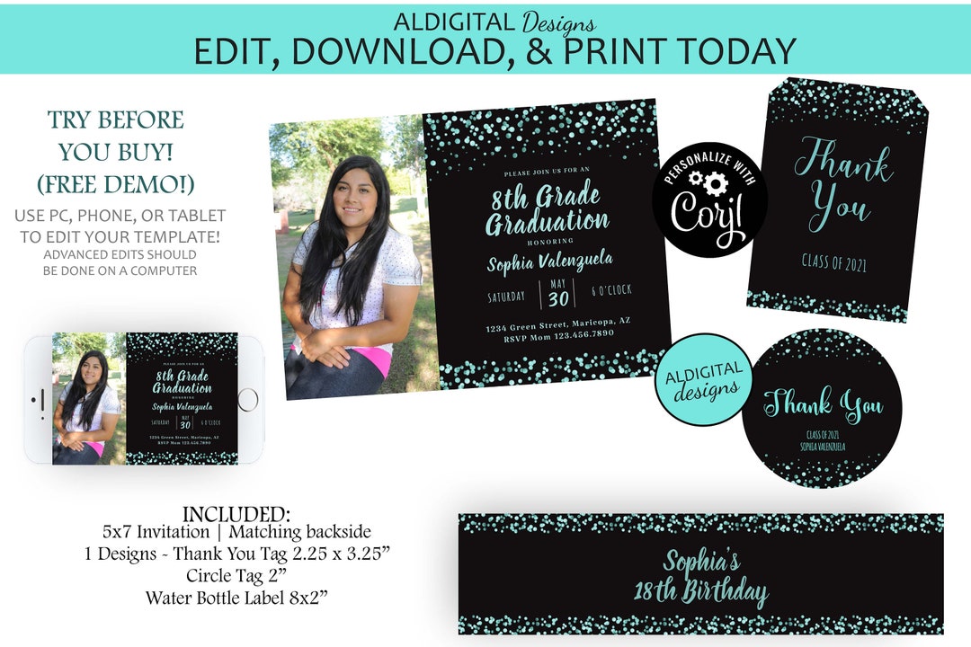 Graduation Announcement, Teal Graduation Invitation, 8th Grade ...