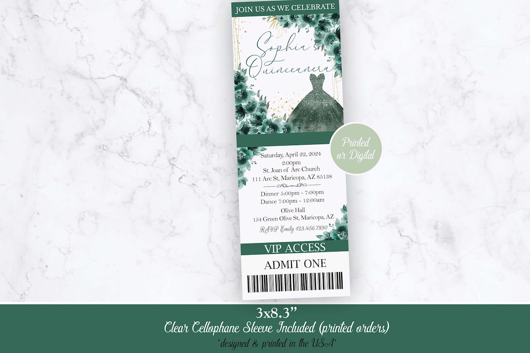 Emerald Green Ticket Invitation, Emerald Green Ticket Quinceanera ...