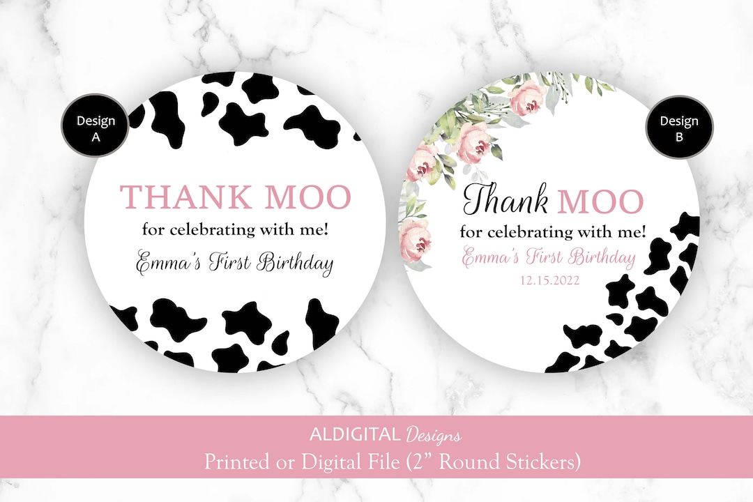 Cow Birthday Stickers, Cow Favor Stickers, Thank Moo Stickers, Cow ...