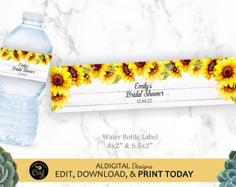 Printable OR Printed Sunflower Wedding Water Bottle Labels Rustic ...