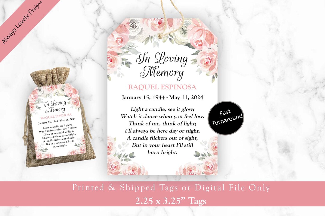 Funeral Favor Tag, Funeral Candle Favor Tag, Funeral Memorial Pink ...