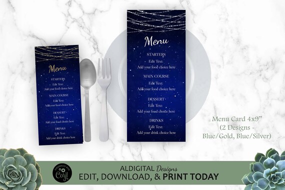 Blue Silver Dinner Menu Blue Gold Menu Card Celestial Menu - Etsy