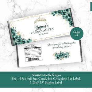 Quinceanera Emerald Green Floral Full Size Candy Bar Label, Sweet ...