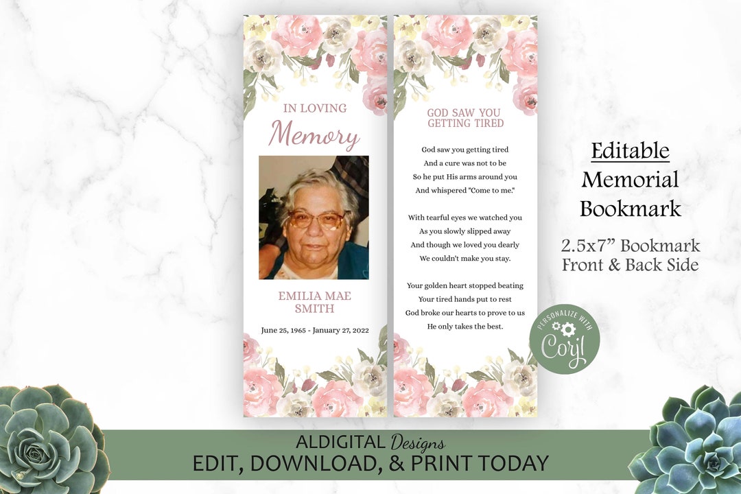 Funeral Memorial Bookmark, Memorial Bookmark Pink Floral, Funeral ...