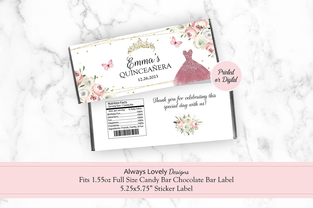 Quinceanera Pink Floral Full Size Candy Bar Label, Quinceanera Pink ...