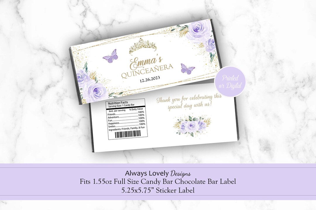 Quinceanera Purple Floral Full Size Candy Bar Label, Quinceanera Purple ...